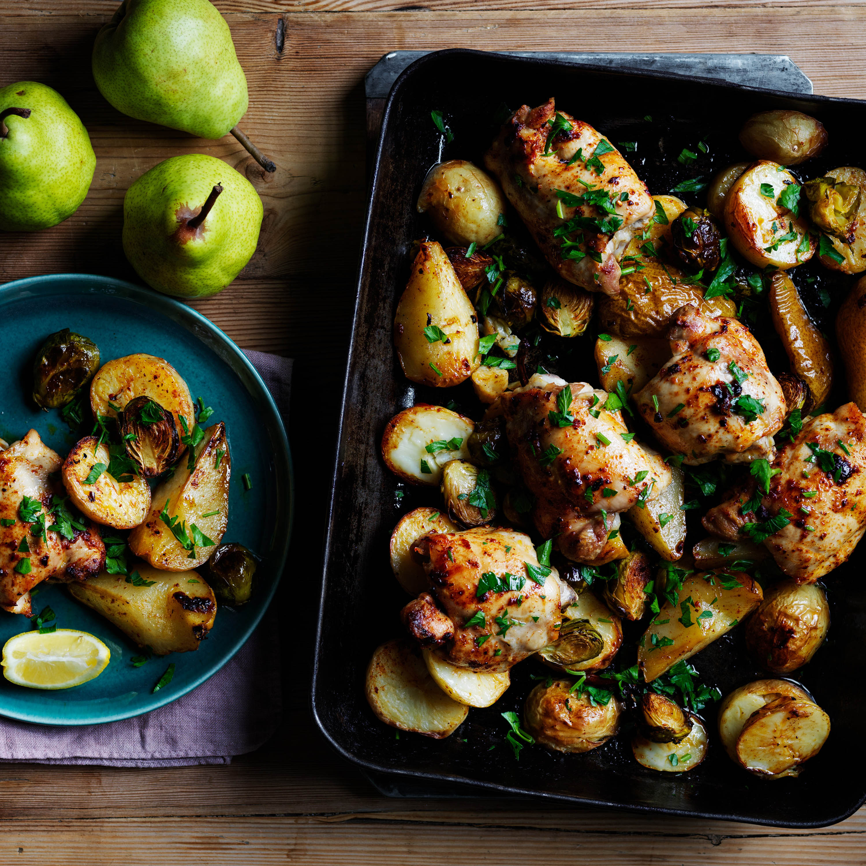 Portuguese chicken, pear and potato tray bake | Australian Pears